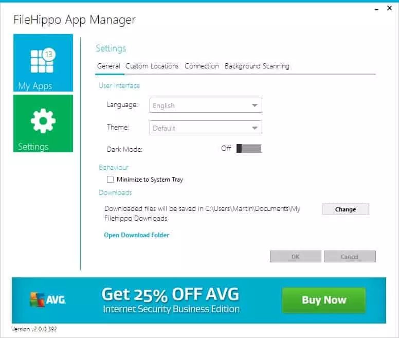Mga setting sa filehippo app manager