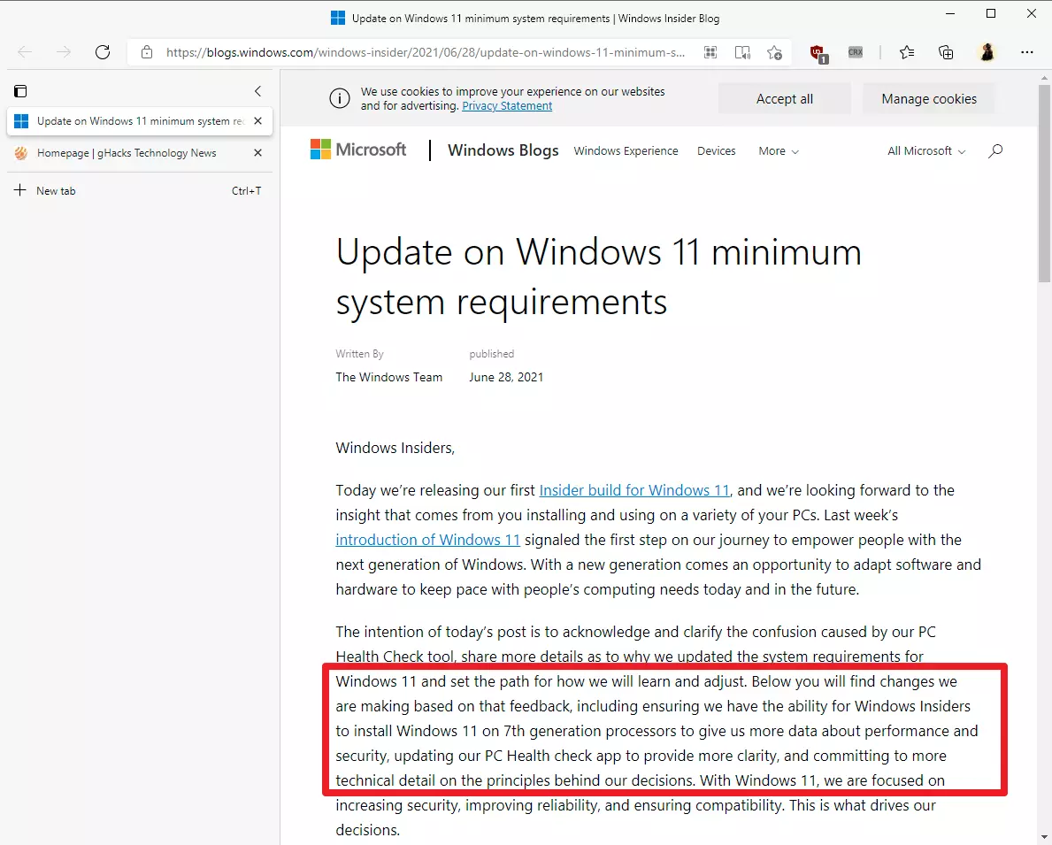 Maaaring isaayos ng Microsoft ang pinakamababang kinakailangan ng system ng Windows 11 10010_1