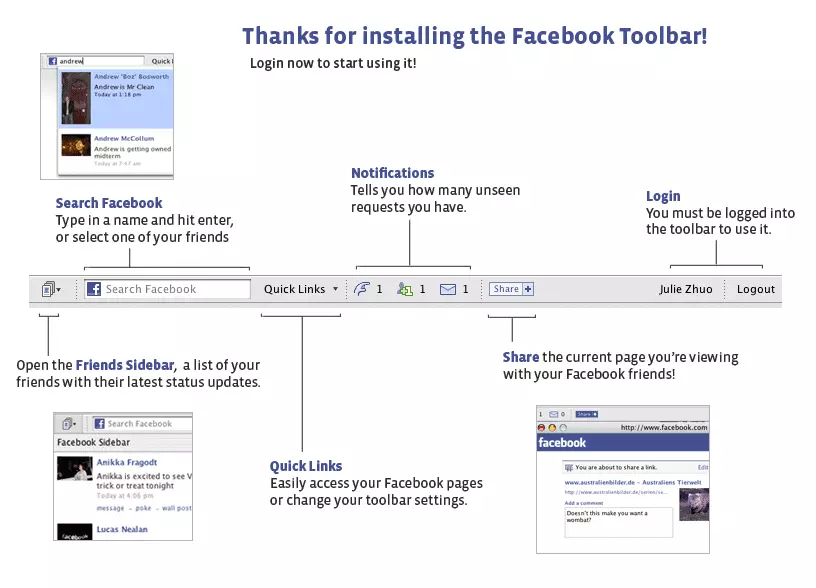 panel nástrojů facebooku