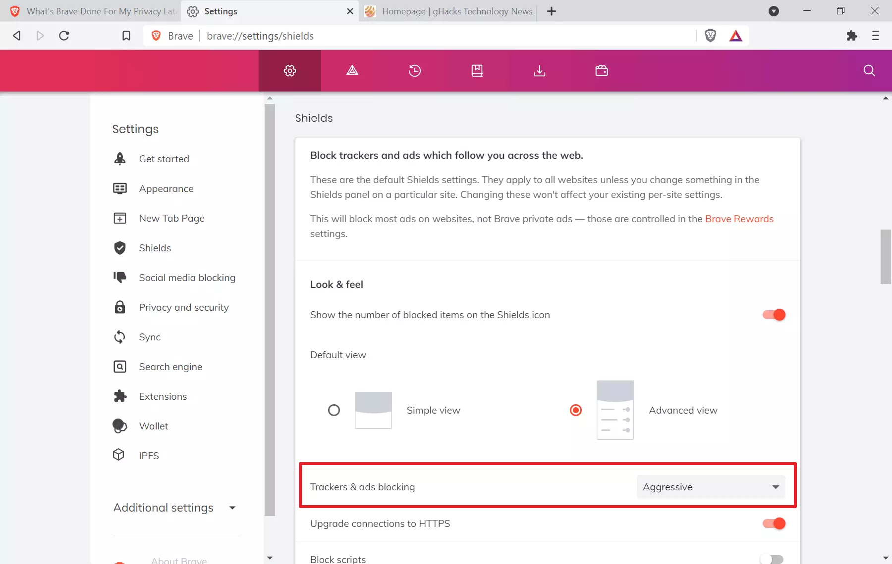 configurações de bloqueio corajosas 1.30