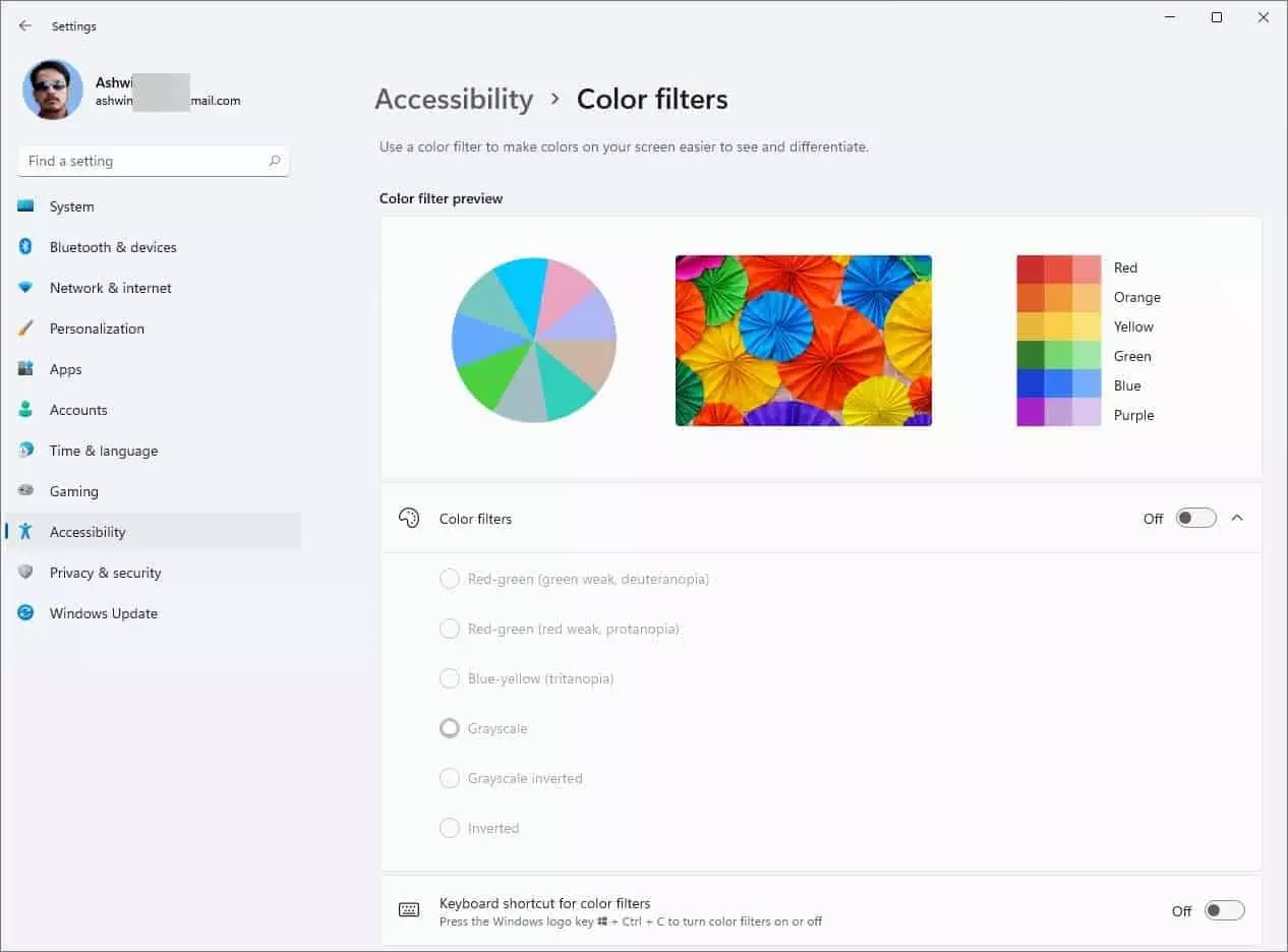 Cilësimet e Windows 11 - Opsionet e aksesueshmërisë - Verbëria e ngjyrave