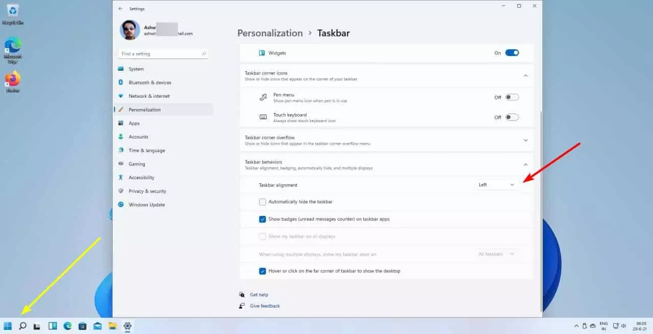 Windows 11 Zithunzi za Taskbar kumanzere