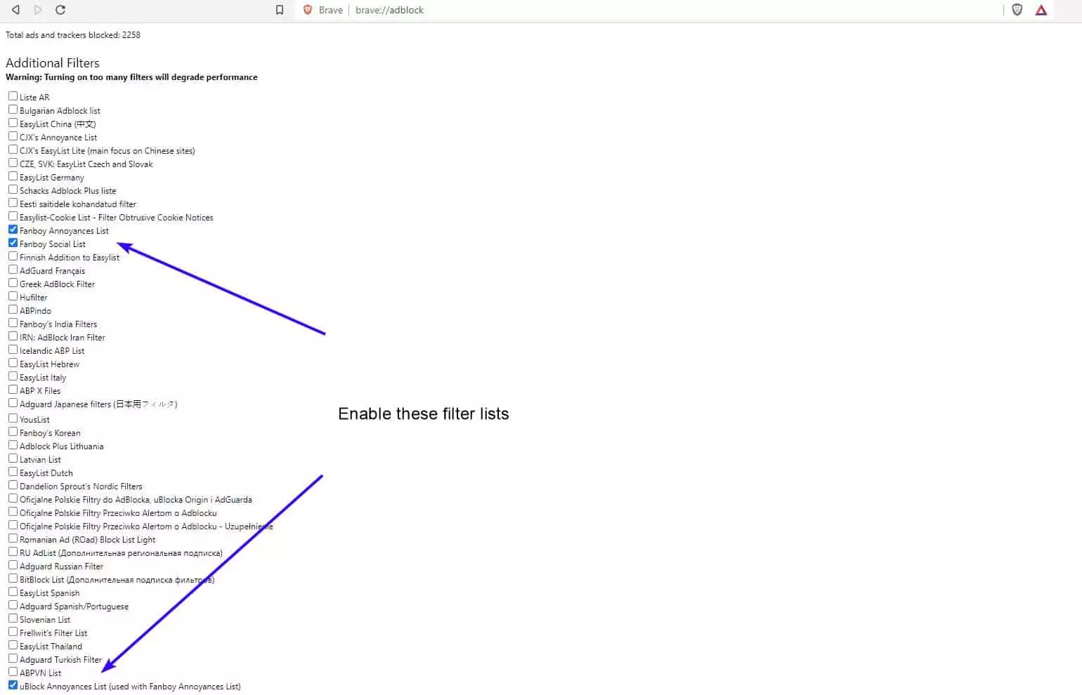 Shfletuesi Brave shton mbështetje vendase për listat e bezdisjeve të uBlock dhe Fanboy dhe listën sociale