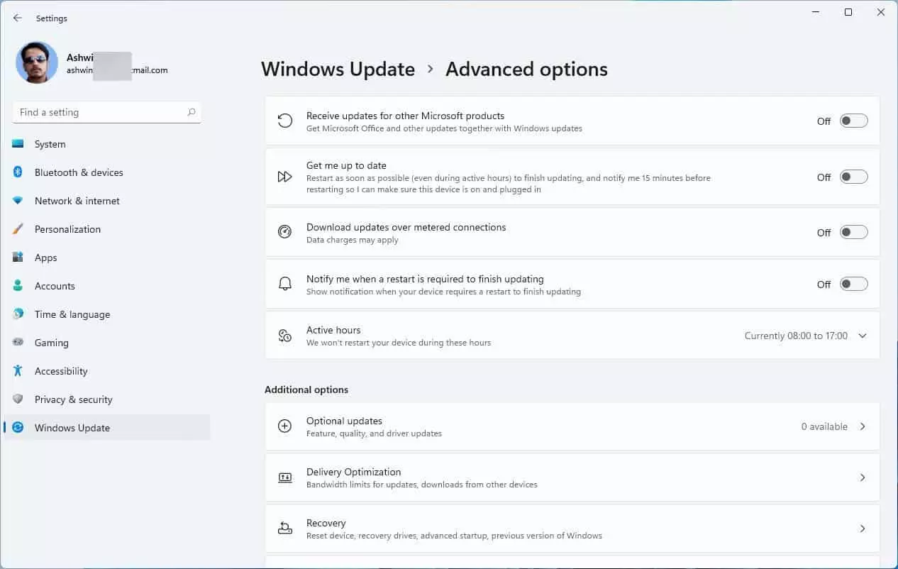 Opções avançadas de atualização do Windows 11