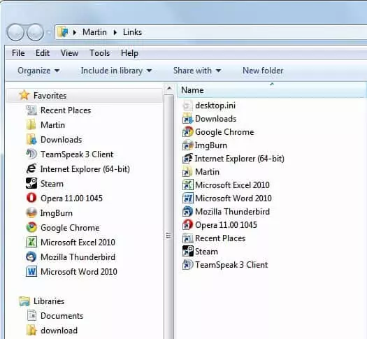 windows explorer favorites