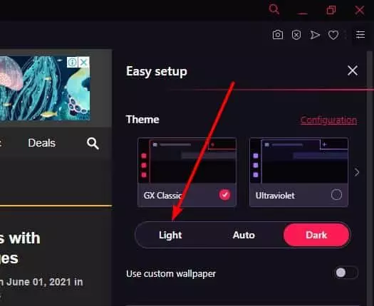 Gi-enable sa Opera GX ang Light mode UI