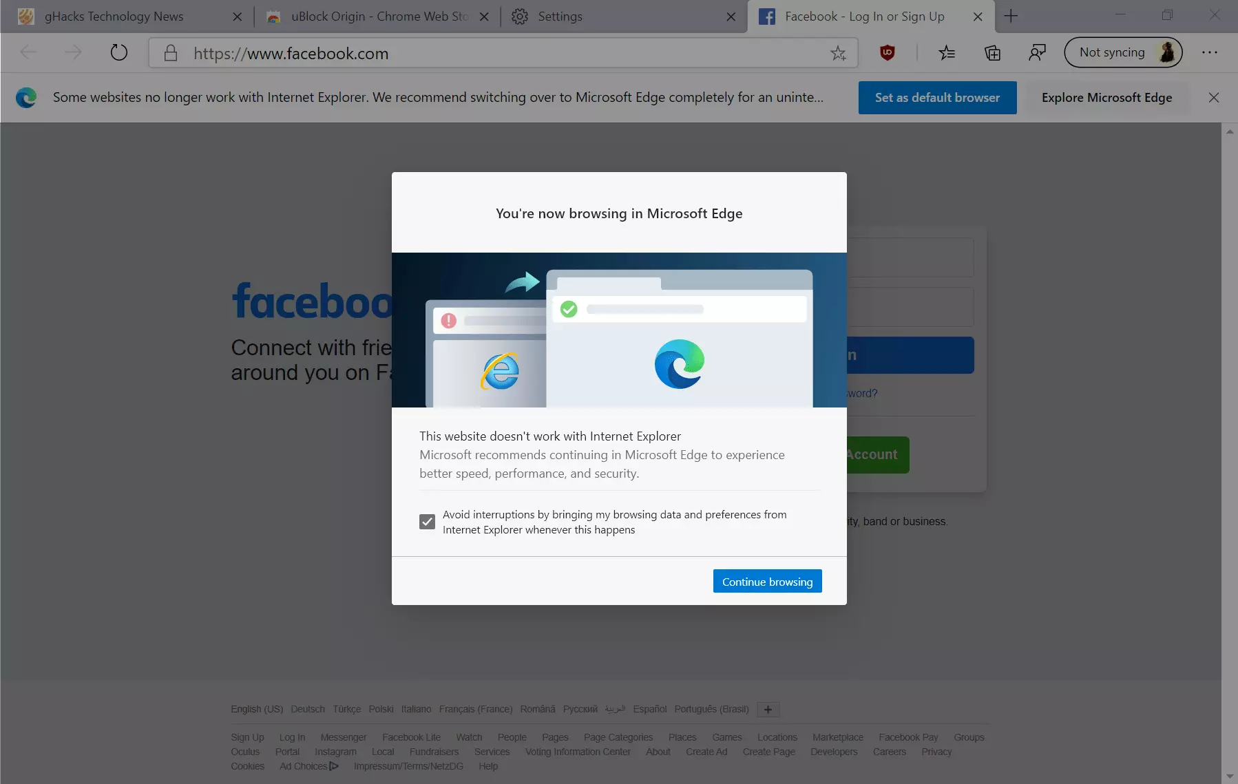 Internet Explorer la redirecționare edge