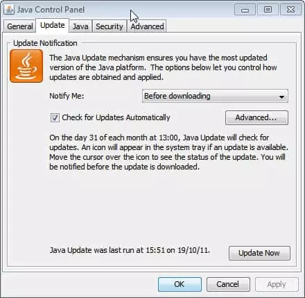 ажурирање на контролната табла на Java