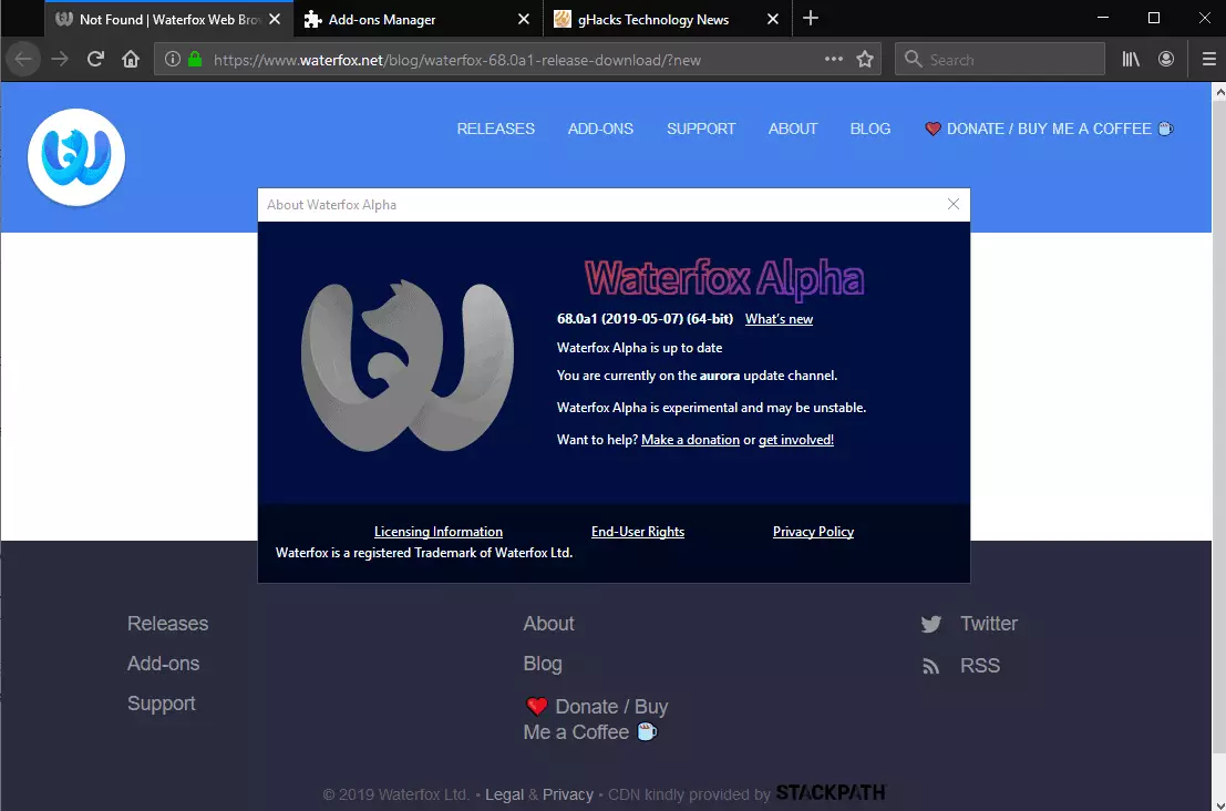 ພາບຫນ້າຈໍ waterfox 68 alpha