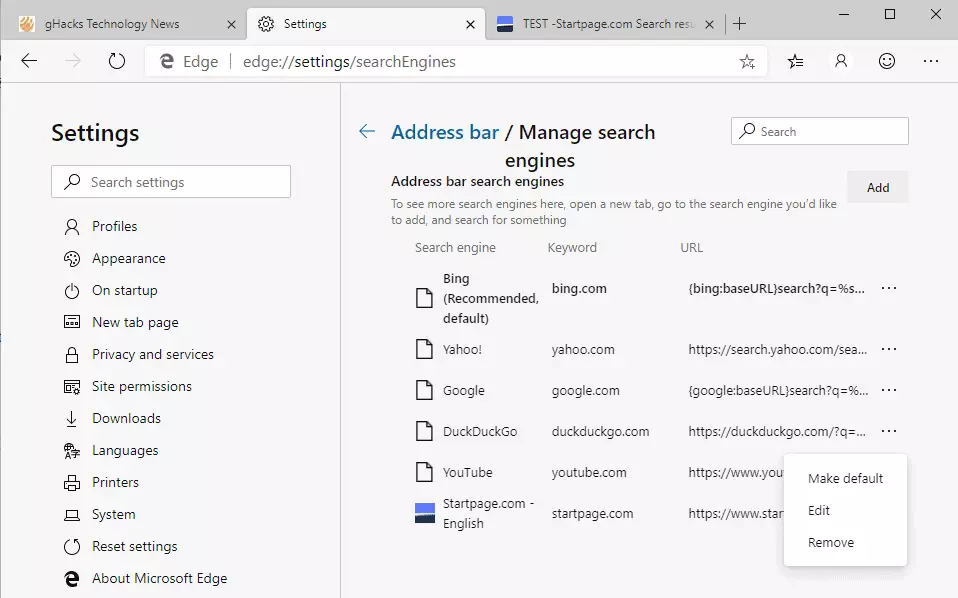 microsoft edge chromium дадаць пошукавую сістэму