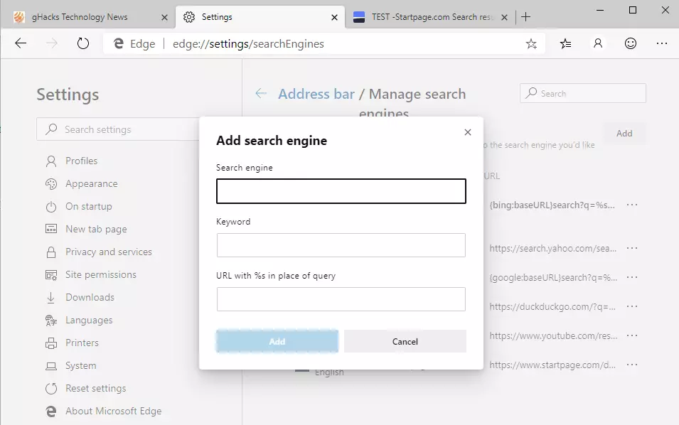 προσθέστε τη μηχανή αναζήτησης microsoft edge