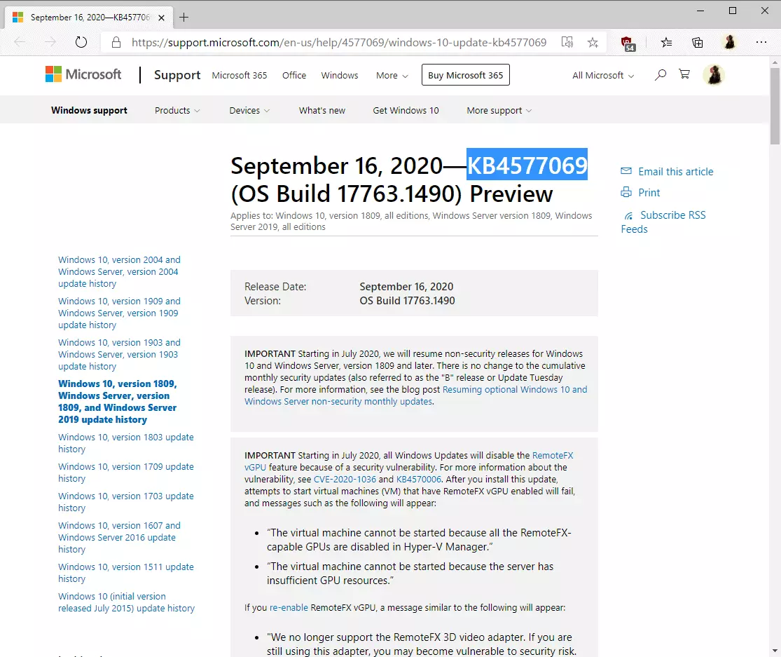 Windows 10-verzija 1809 KB4577069