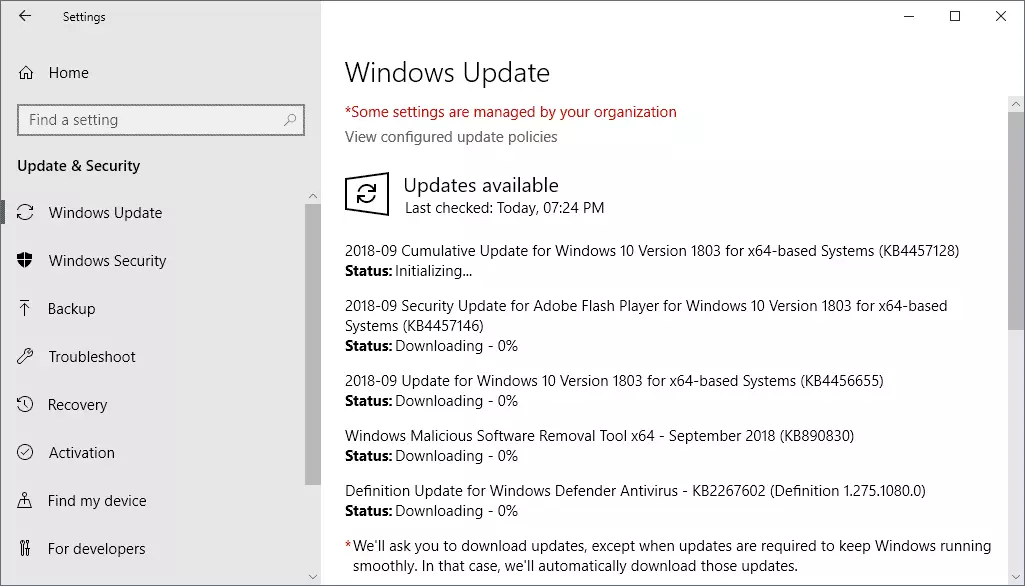 Mga update sa seguridad sa windows Septyembre 2018