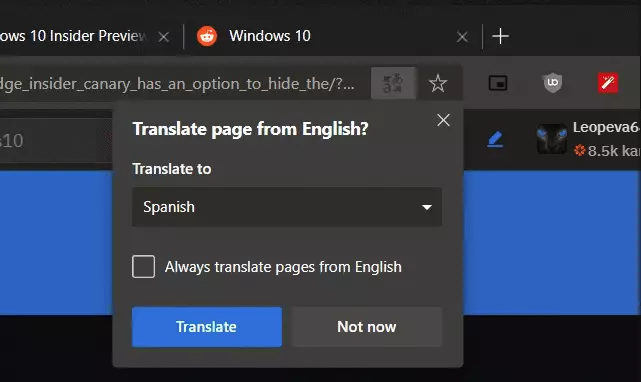 የማይክሮሶፍት ተርጓሚ ውህደት በChromium ላይ የተመሰረተ የማይክሮሶፍት ጠርዝ