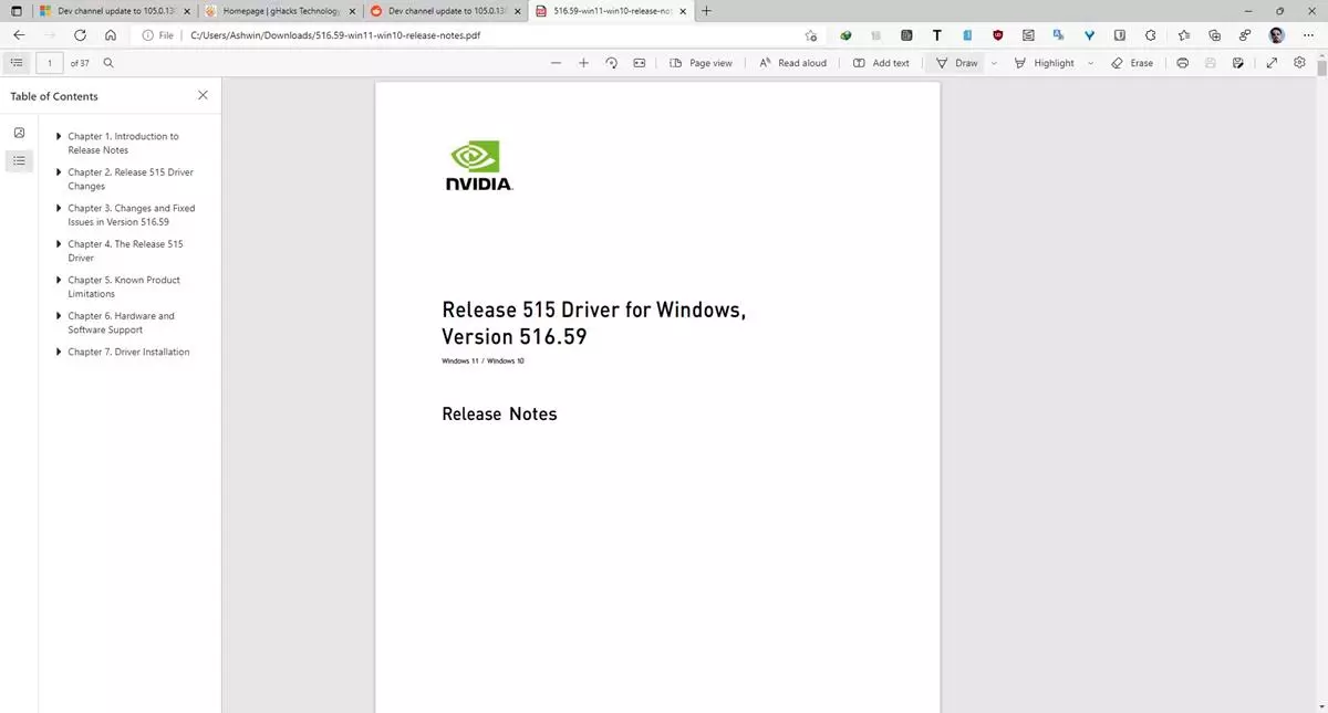 Microsoft Edge Dev PDF-i tööriistariba