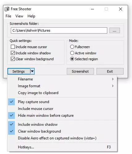 Free Shooter é unha ferramenta de captura de pantalla sinxela e de código aberto para Windows