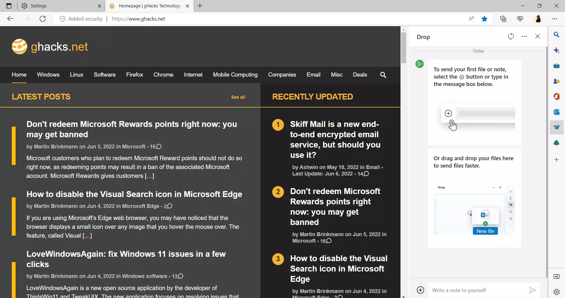 Microsoft Edge Drop: gbe awọn faili laarin gbogbo awọn apẹẹrẹ Edge lori gbogbo awọn ẹrọ