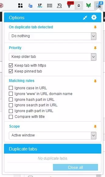Trimma listan över flikar i Firefox och Chrome med Duplicate Tabs Closer
