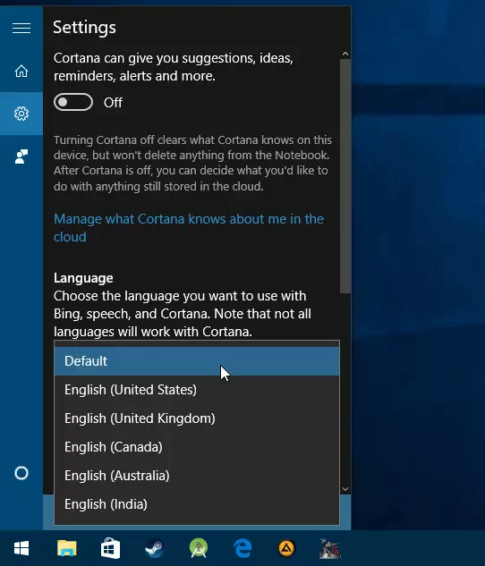 Cortana ენის შეცვლა