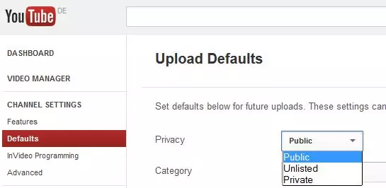 mga default sa privacy sa youtube