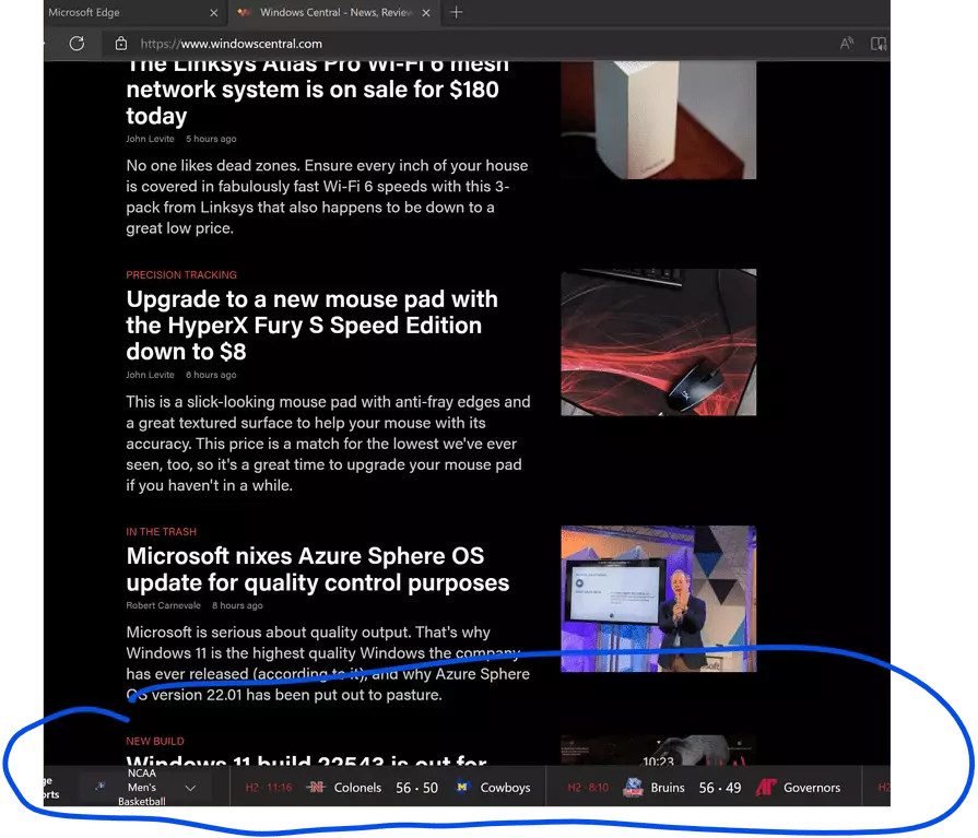 Microsoft Edge qed jittestja Sports Ticker biex juri Punteġġi Live, Aħbarijiet fuq il-paġni kollha/tabs ġodda