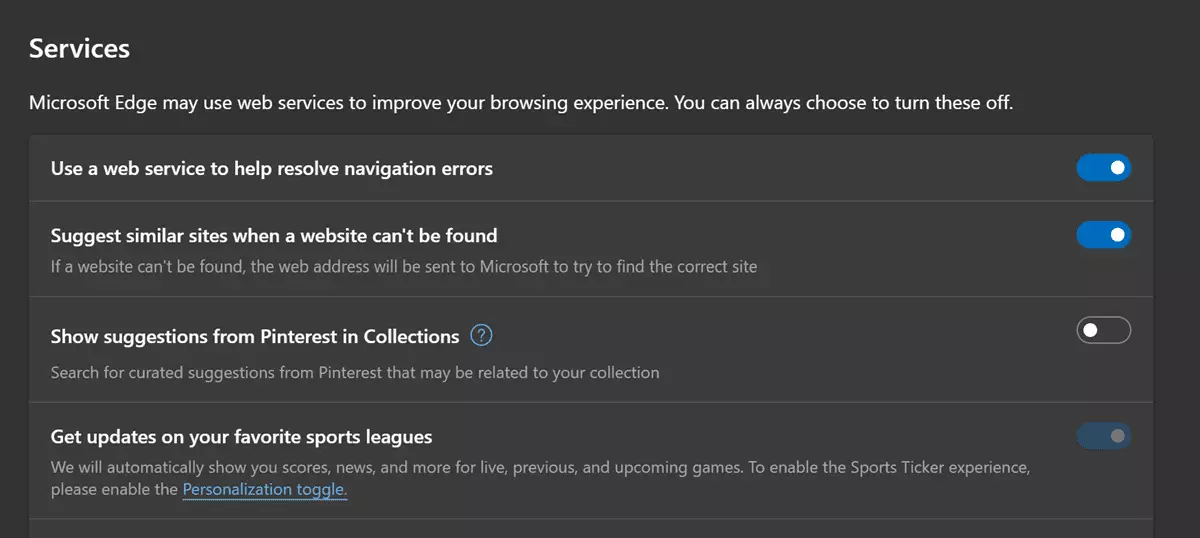 إعدادات شريط Microsoft Edge Sports