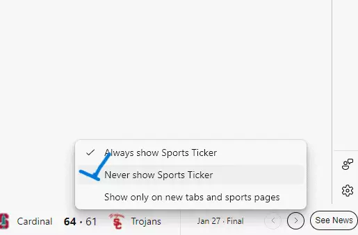 Nonaktifkan ticker olahraga di microsoft edge