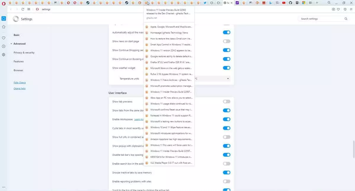 listahan sa mga tab sa opera browser