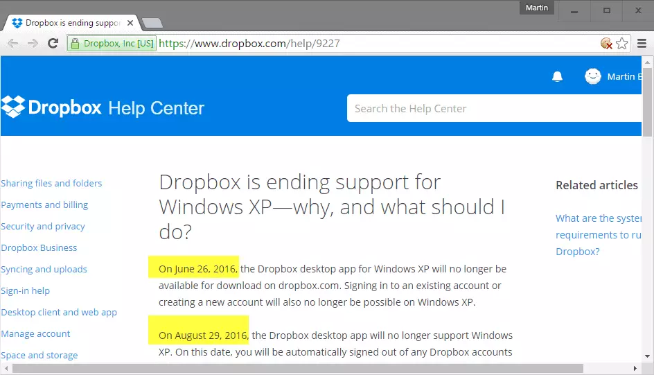 پایان پشتیبانی dropbox xp