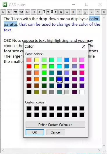 OSD შენიშვნის ტექსტის ფერები