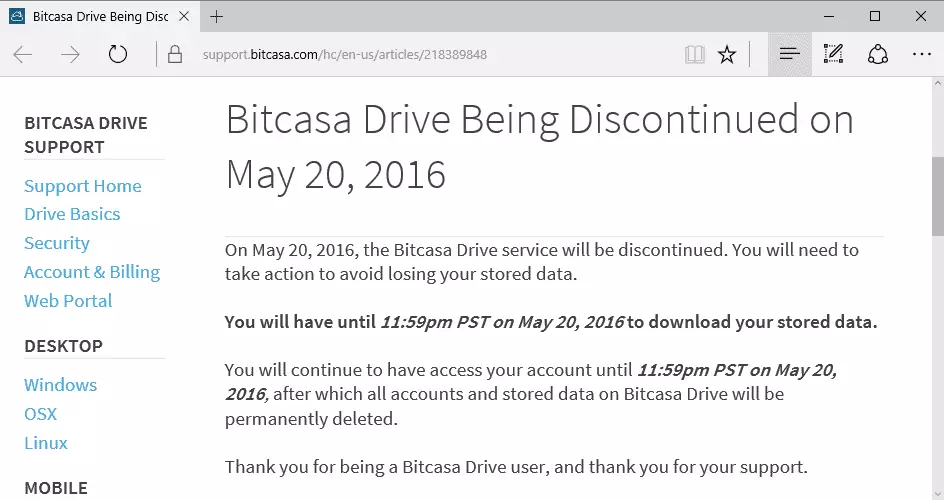 bitcasa වසා දැමීම