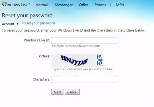 Windows Live パスワードをリセットする