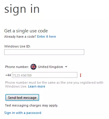 hotmail sign sa single use code