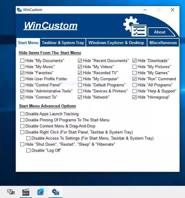 WinCustom je bezplatný nástroj, který lze použít k deaktivaci různých možností ve Windows