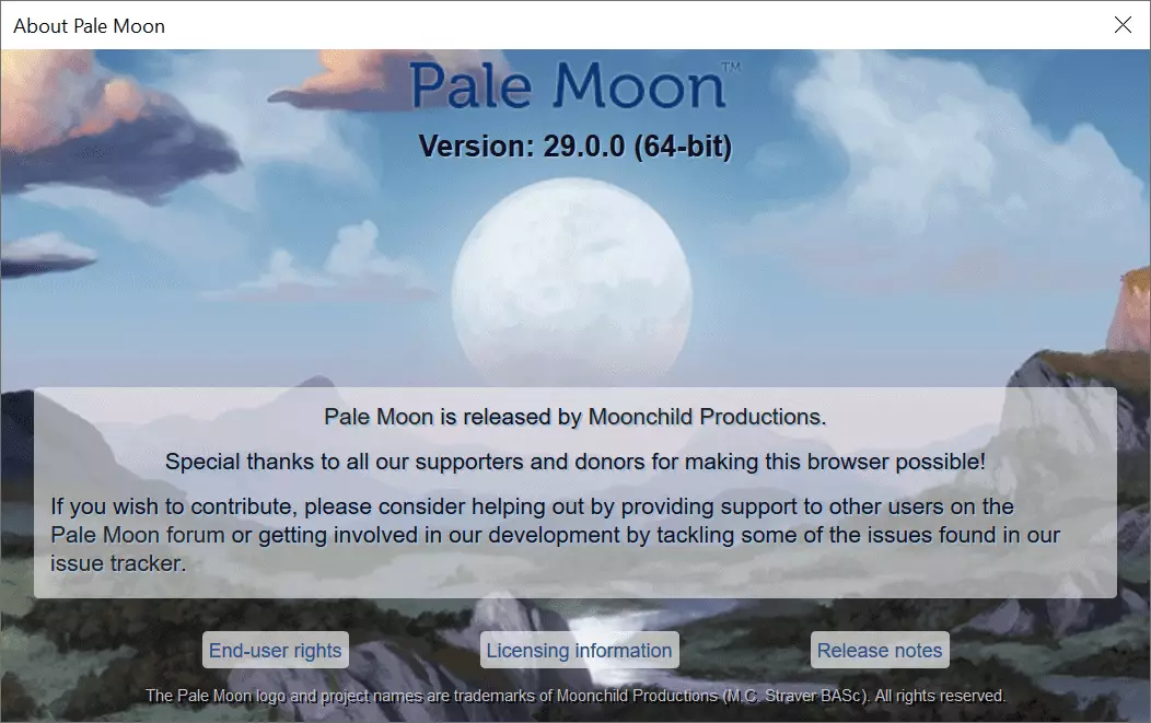 Pale Moon 29 está fóra: primeiro lanzamento de 2021