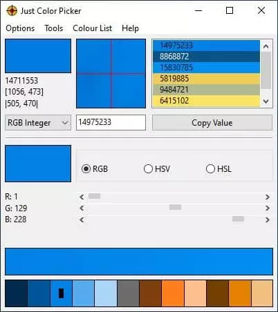 Escolle cores da pantalla, garda listas de cores personalizadas, consulta transicións de degradado e moito máis con Just Color Picker