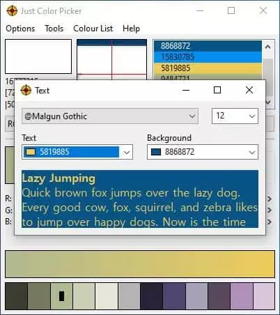 Vista de texto do Selector de cores