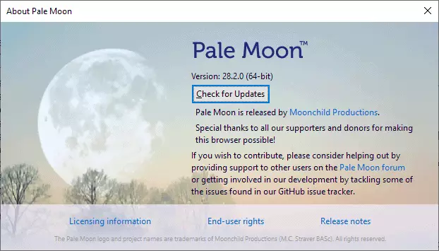 Pale Moon 28.2.0 웹 브라우저가 종료되었습니다.