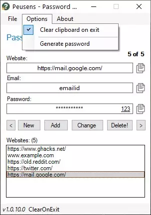 Peusens Password Manager Lite - clear clipboard ntawm kev tawm