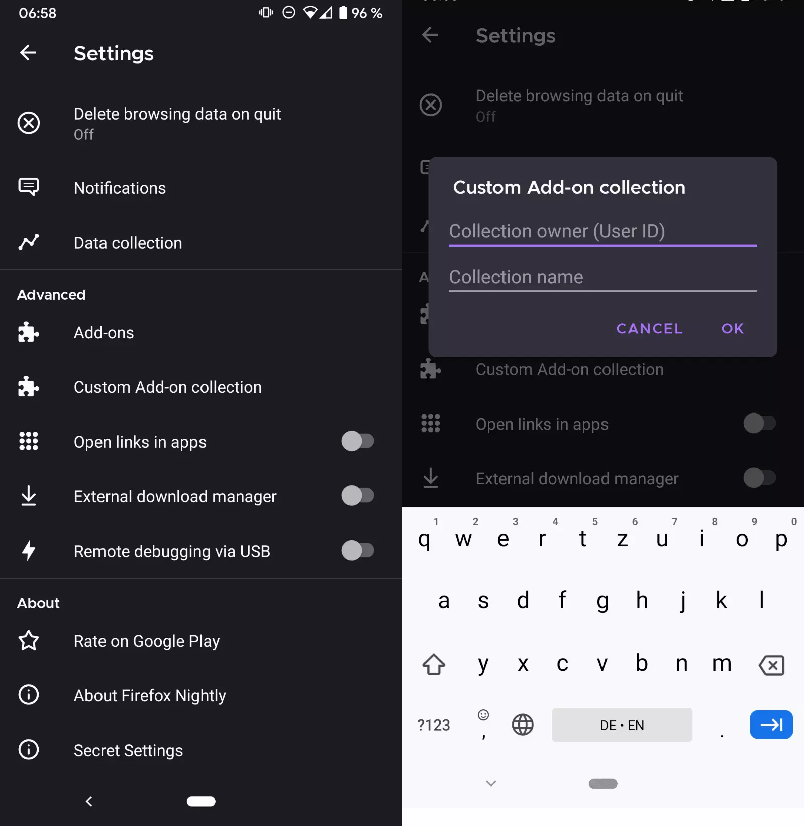 firefox-nightly android custom addons