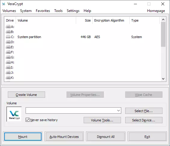 interface principale de veracrypt