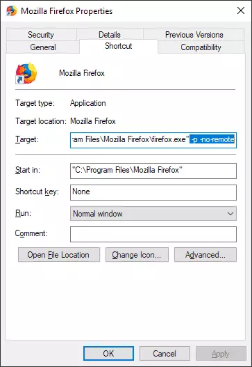 shortcut sa firefox load profile