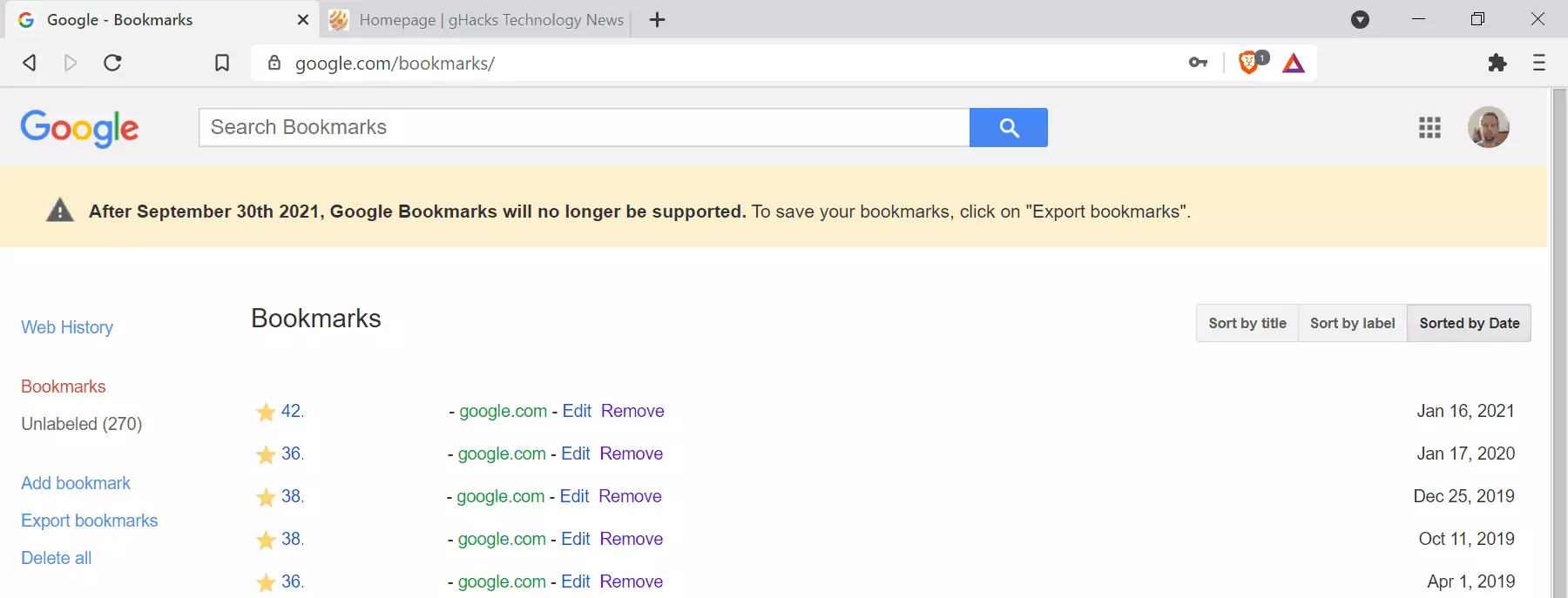 bookmark google akhir dukungan