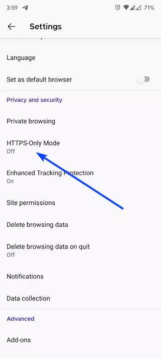 Android ಗಾಗಿ Firefox ನಲ್ಲಿ HTTP-ಮಾತ್ರ ಮೋಡ್ ಅನ್ನು ಹೇಗೆ ಸಕ್ರಿಯಗೊಳಿಸುವುದು