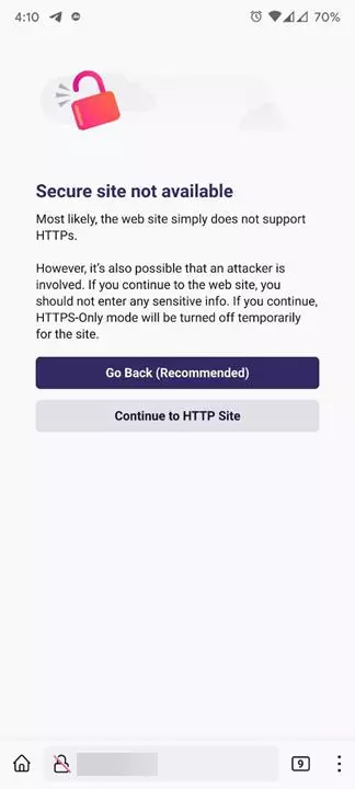 Firefox għal Android jimblokka l-paġna HTTP