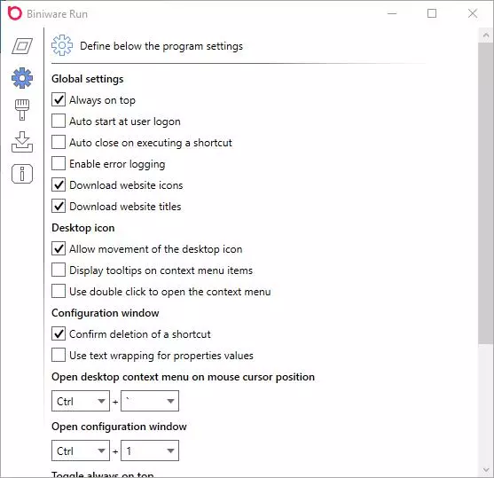 Biniware Run-indstillinger