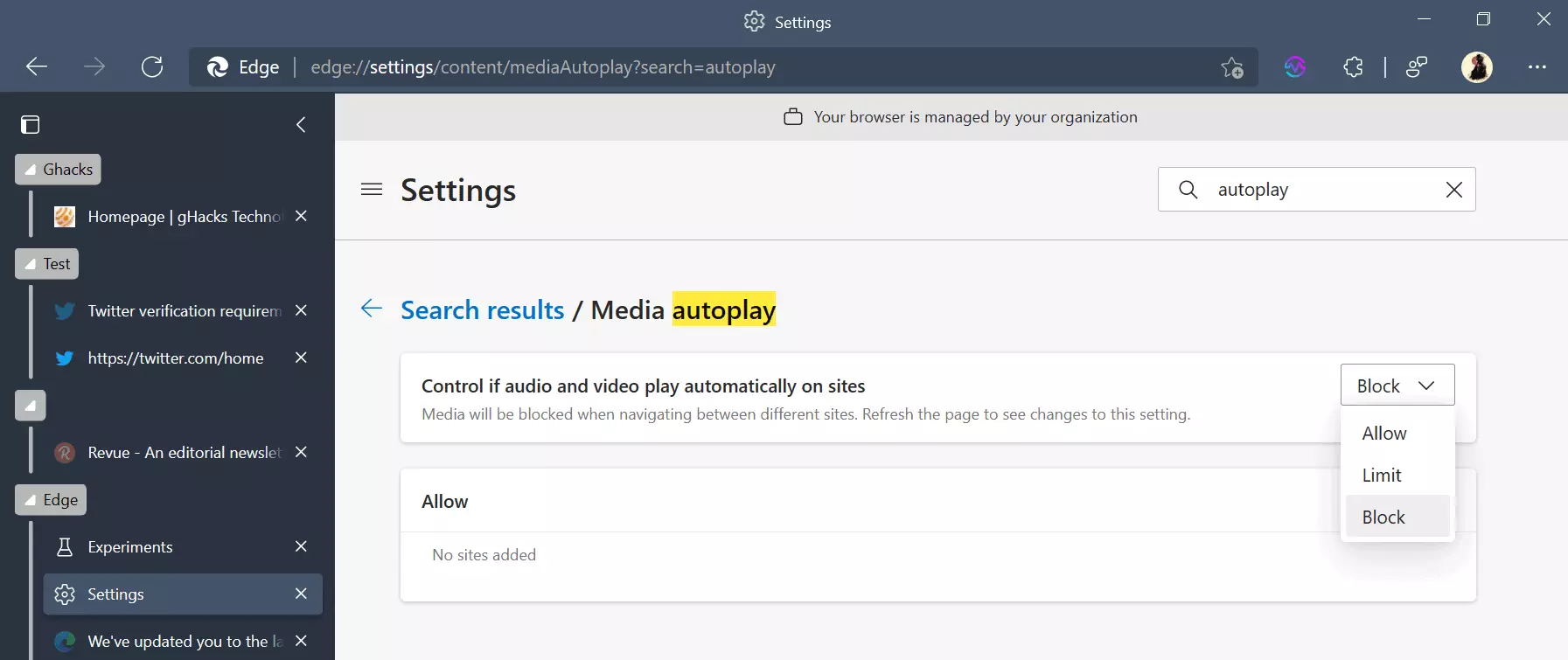 Microsoft Edge control autoplay