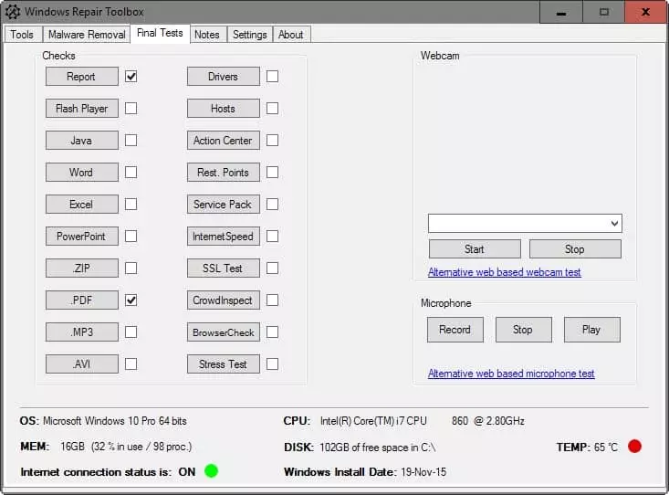 Windowsin korjaustyökalupakin testit