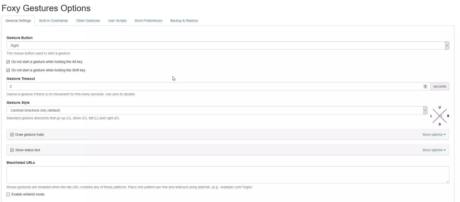Foxy Gestures allmänna inställningar