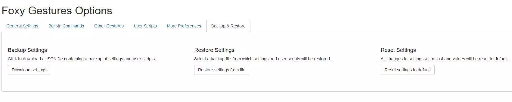 Foxy Gestures थप ब्याकअप र रिस्टोर सेटिङ्हरू
